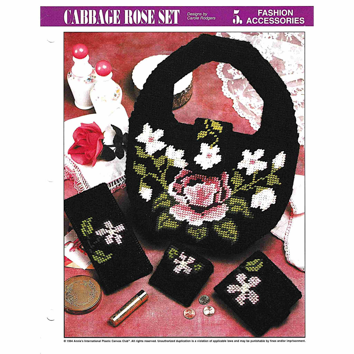 Cabbage Rose Set Vintage Plastic Canvas Handbag and Coin Purse Pattern ...